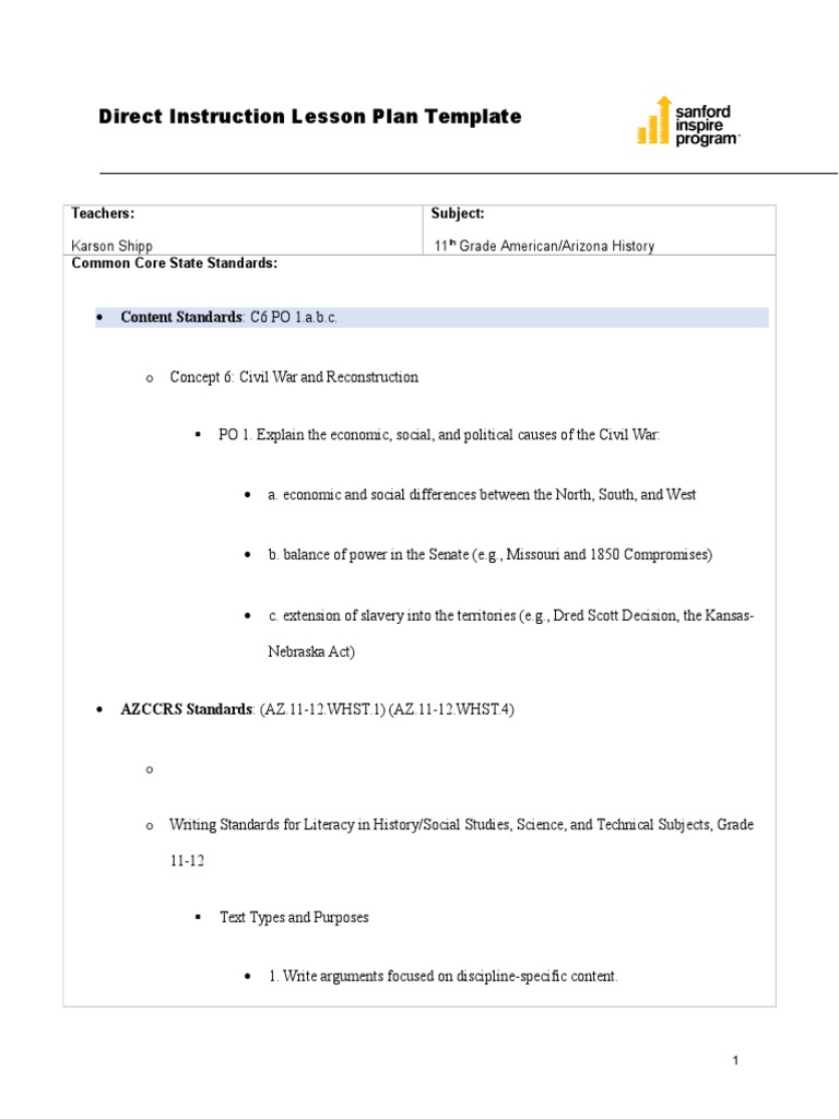 Direct Instruction Lesson Plan Template: Content Standards: C6 PO 1.a.b ...