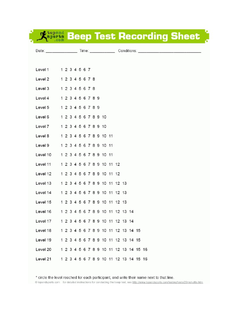 Beep Test Sheet | PDF