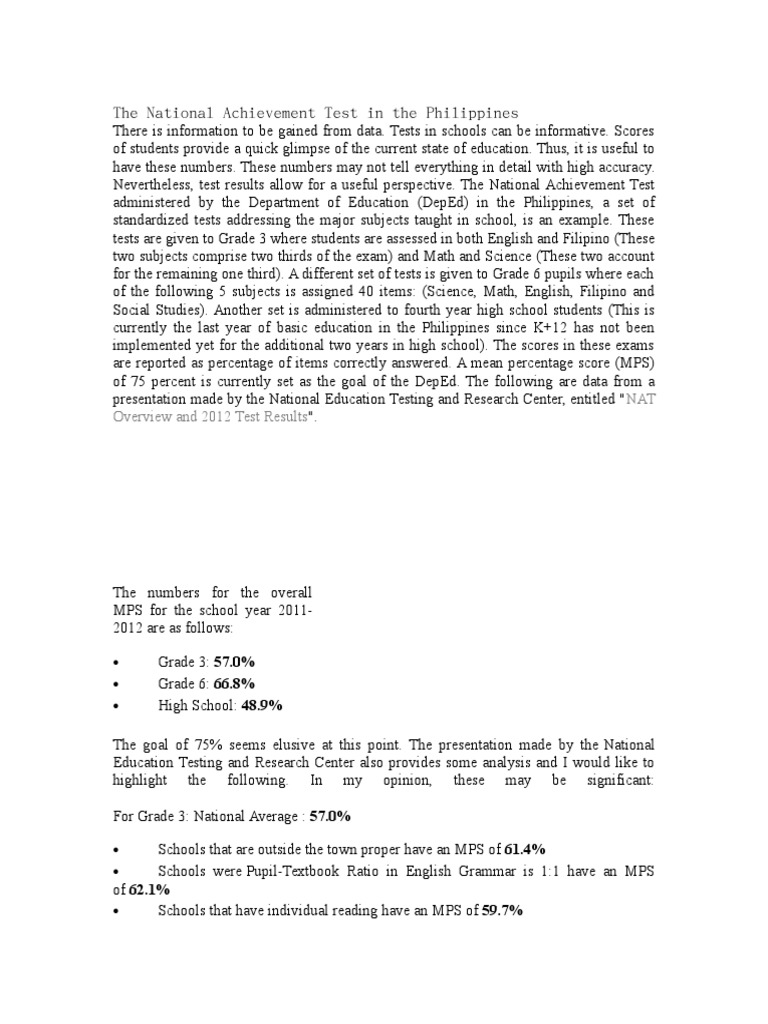 The National Achievement Test in the Philippines | Test (Assessment ...