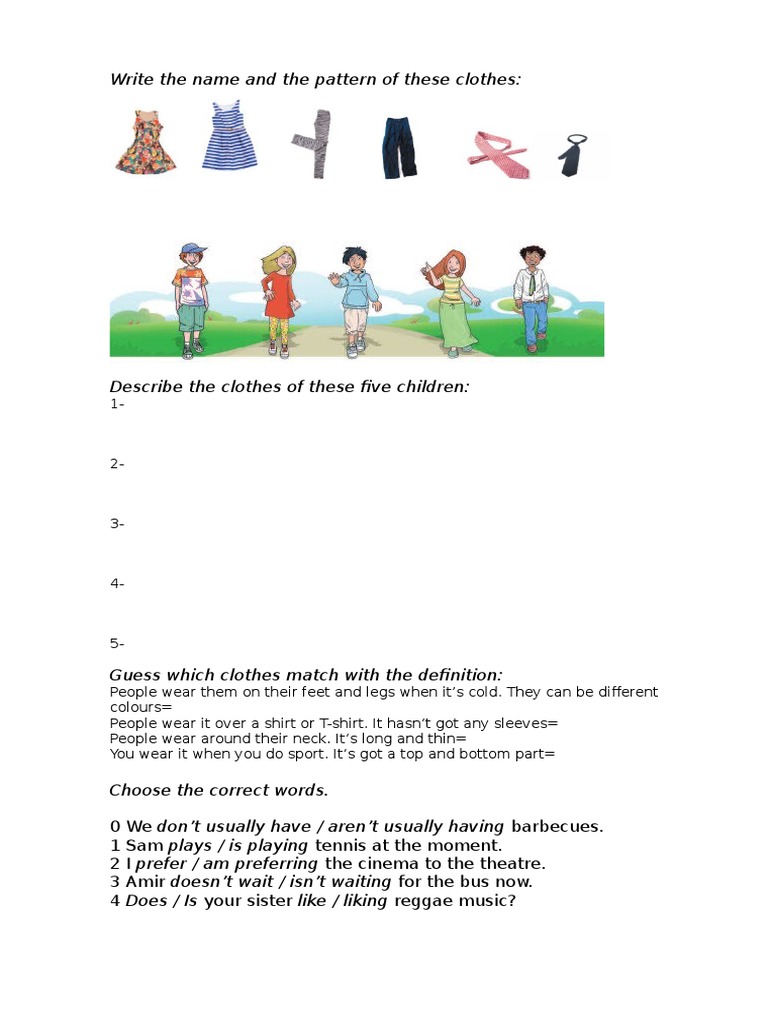 Clothes descriptions and matching activity for 5 children | PDF