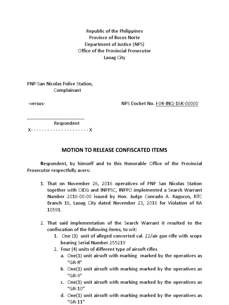 Motion To Release Items | Gun | Firearms