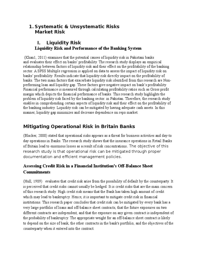 Systematic & Unsystematic Risks Market Risk I. Liquidity Risk Liquidity ...