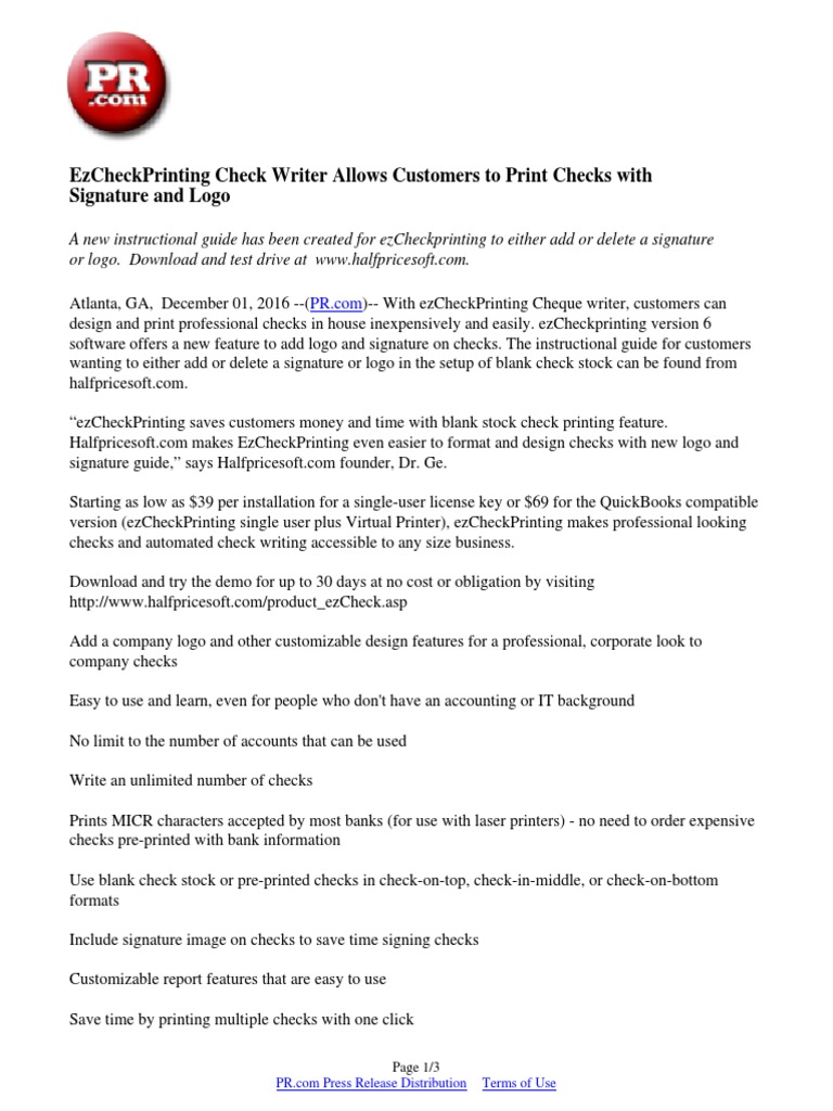 EzCheckPrinting Check Writer Allows Customers To Print Checks With ...