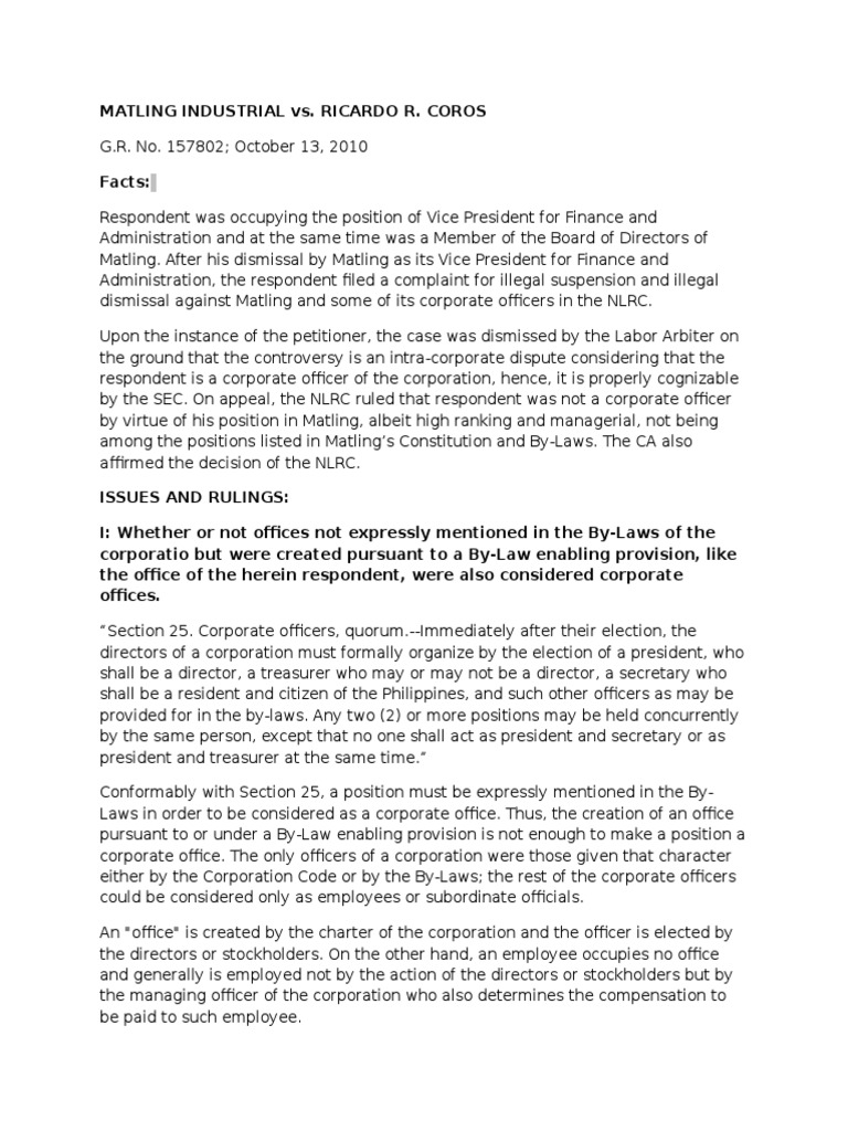 Matling Vs Coros | PDF | By Law | Board Of Directors