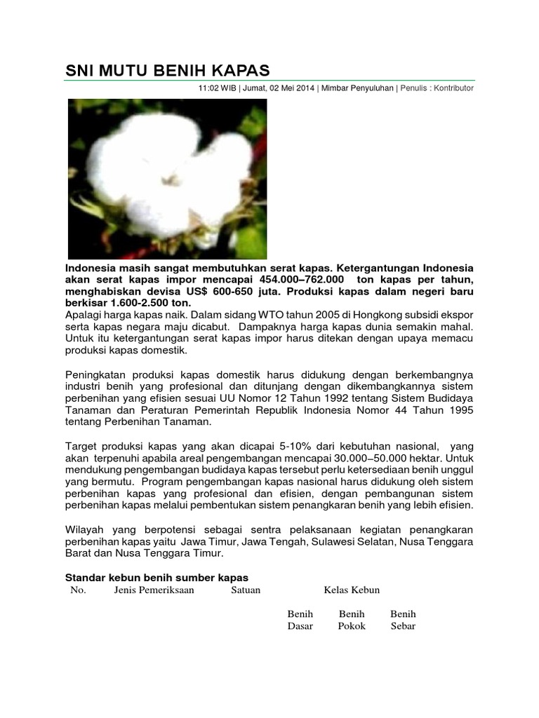 Sni Mutu Benih Kapas | PDF