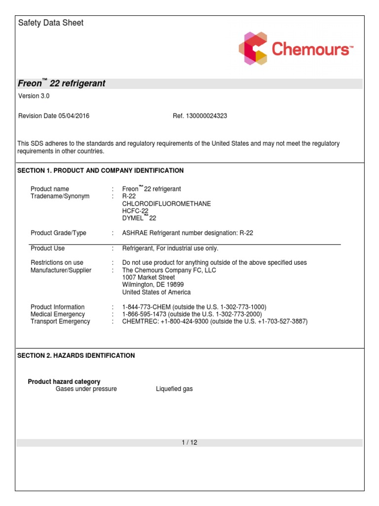 Chemours Freon R 22 MSDS | PDF | Fires | Atmosphere Of Earth