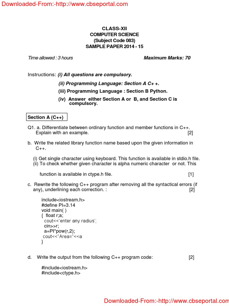CBSE Class 12 Sample Papers of Computer Science 2014 15 | PDF ...