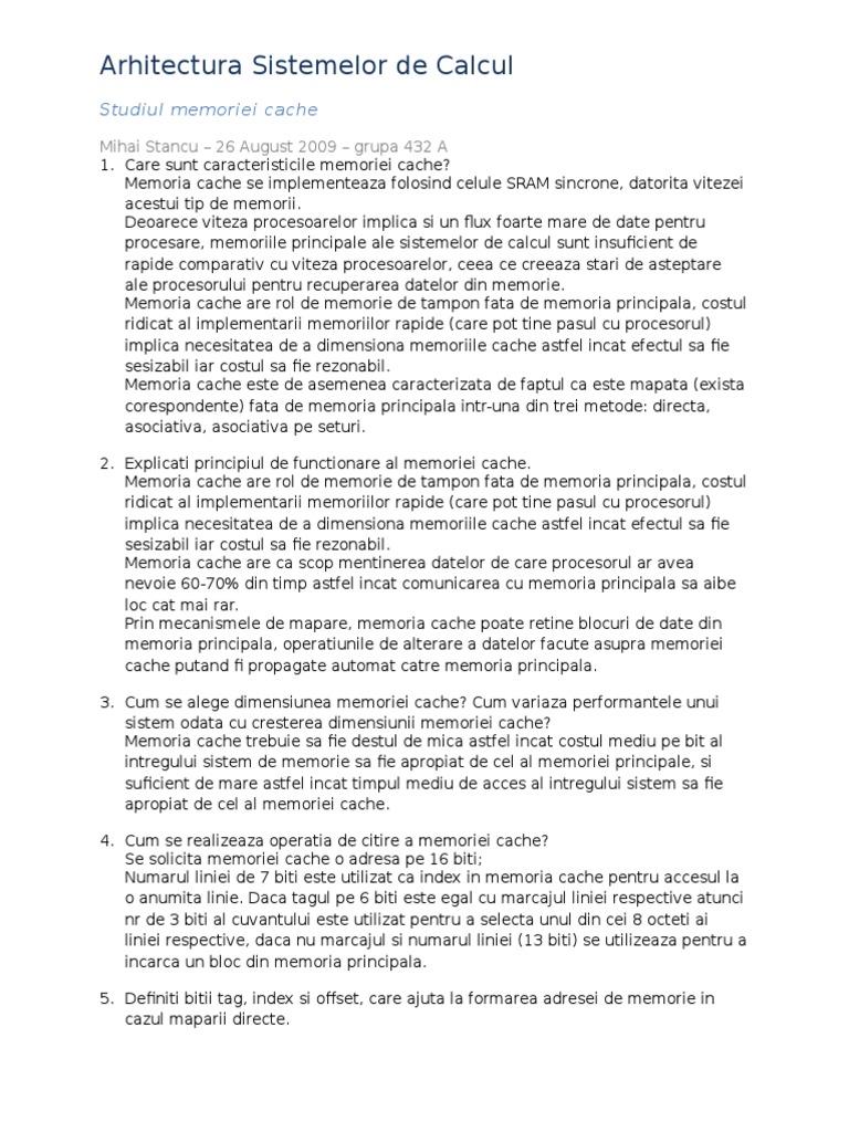 Arhitectura Sistemelor de Calcul - 05 - Studiul Memoriei Cache | PDF