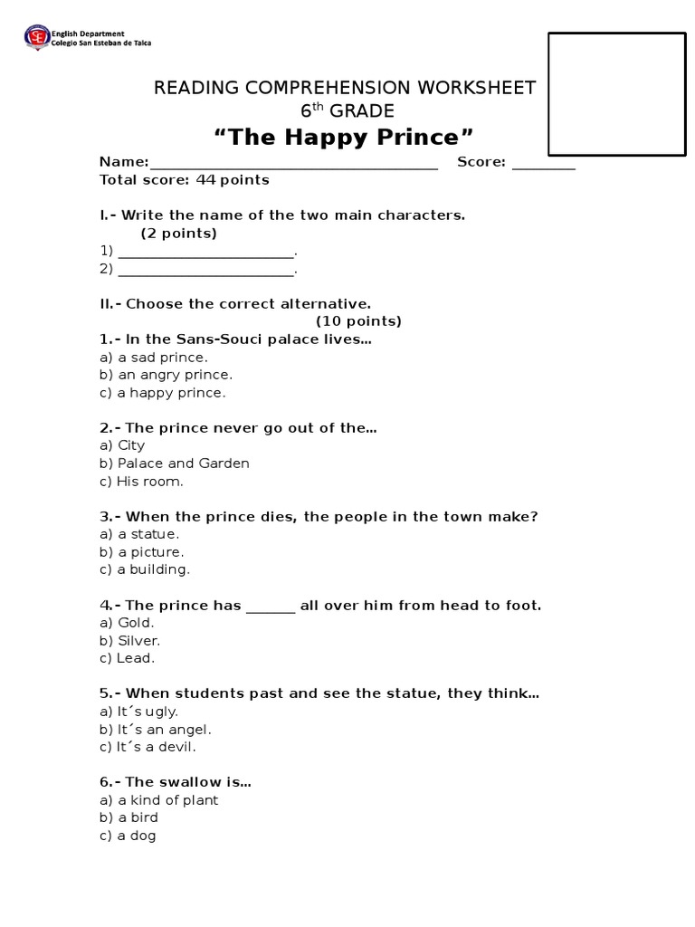 Reading Comprehension Worksheet From The Happy Prince | PDF