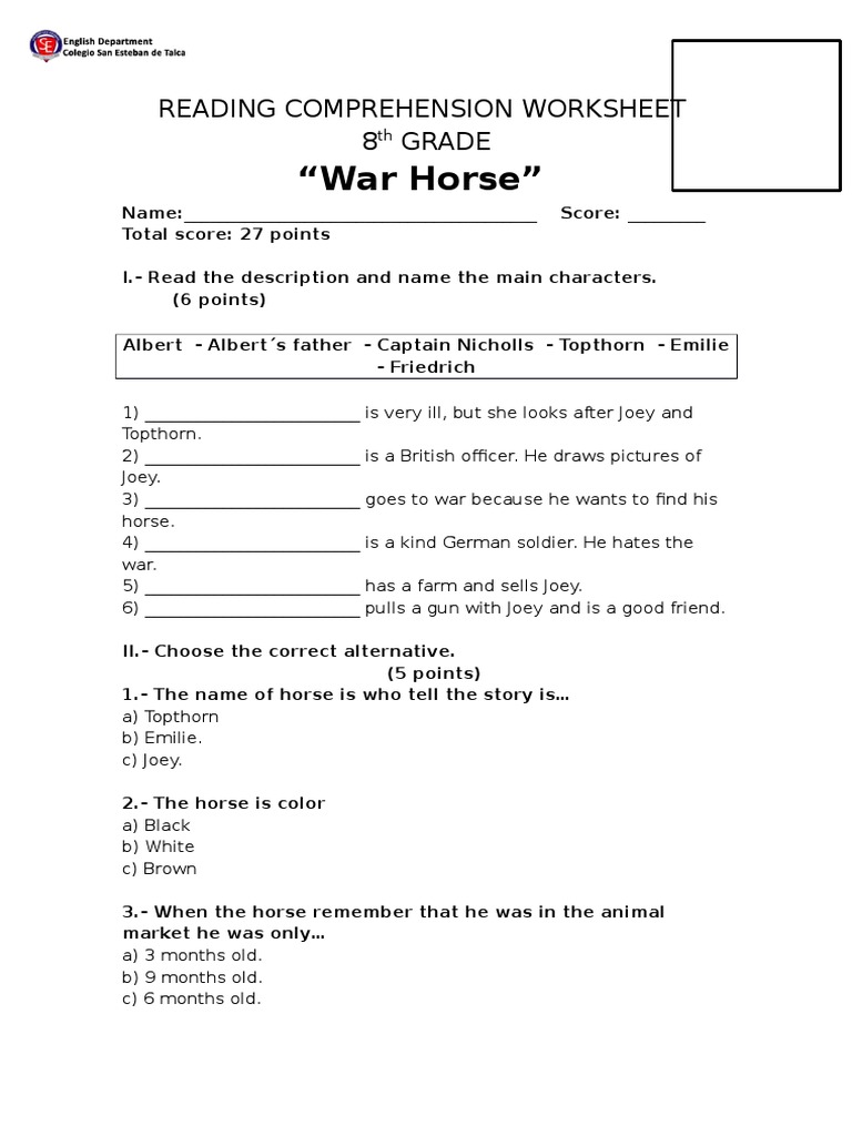 Reading Comprehension Worksheet WAR HORSE | PDF