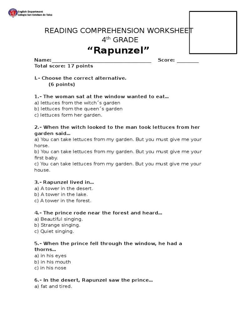 Rapunzel Reading Comprehension Worksheet | PDF