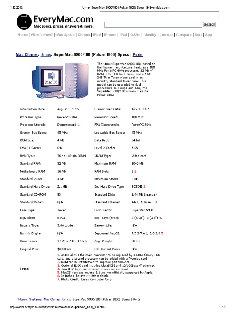 Umax SuperMac S900 - 180 (Pulsar 1800) Specs at EveryMac | PDF