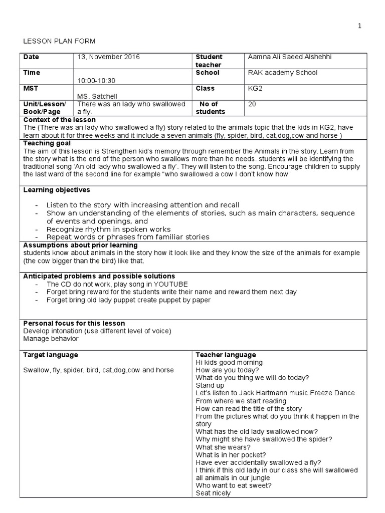 There Was An Old Lady Who Swallowed A Fly Lesson Plan | PDF | Lesson ...