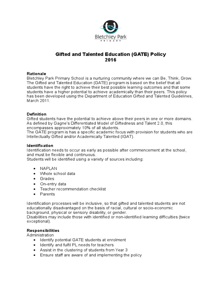 Gate Policy 2016 | PDF | Intellectual Giftedness | Gifted Education