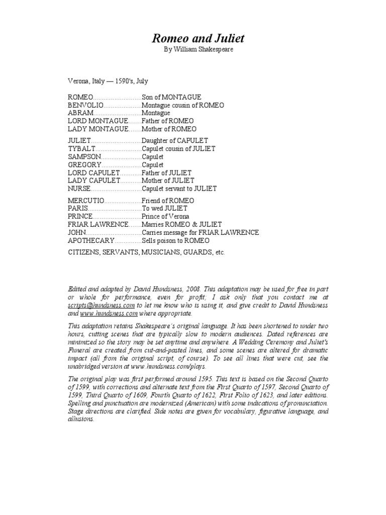 Romeo & Juliet Adapted | PDF | Characters In Romeo And Juliet | Romeo ...