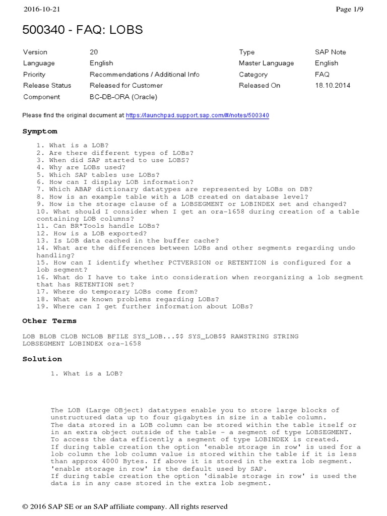 Lob Faq Pdf Cache Computing Table Database