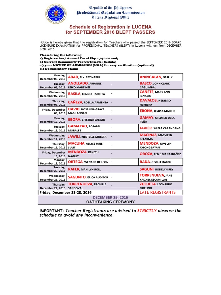 PRC Lucena Schedule of Registration | PDF | Government | Business