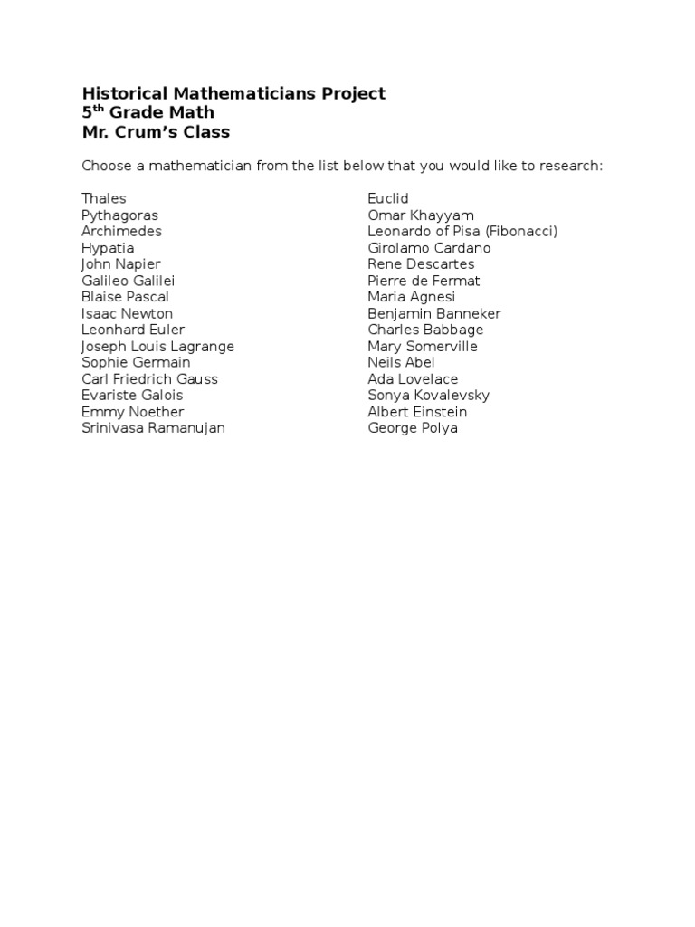 Historical Mathematicians Project 5 Grade Math Mr. Crum's Class | PDF