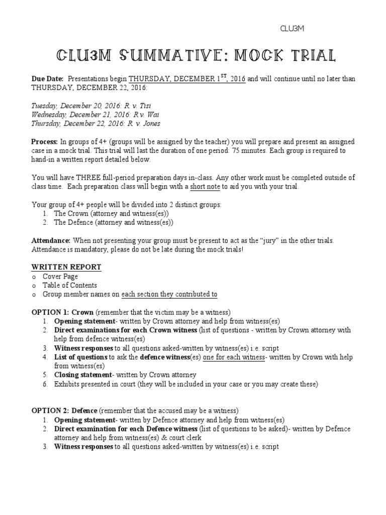 mock trial handout | Witness | Criminal Law