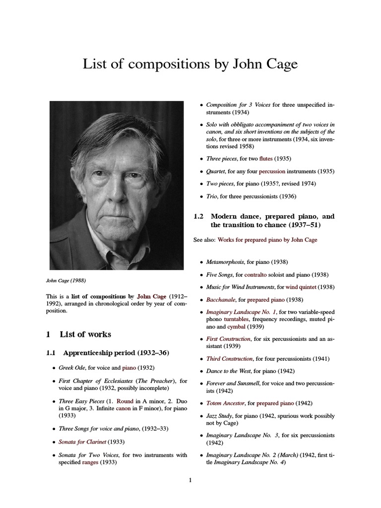 John Cage: Compositions Overview | PDF | Quartet | Musical Instruments