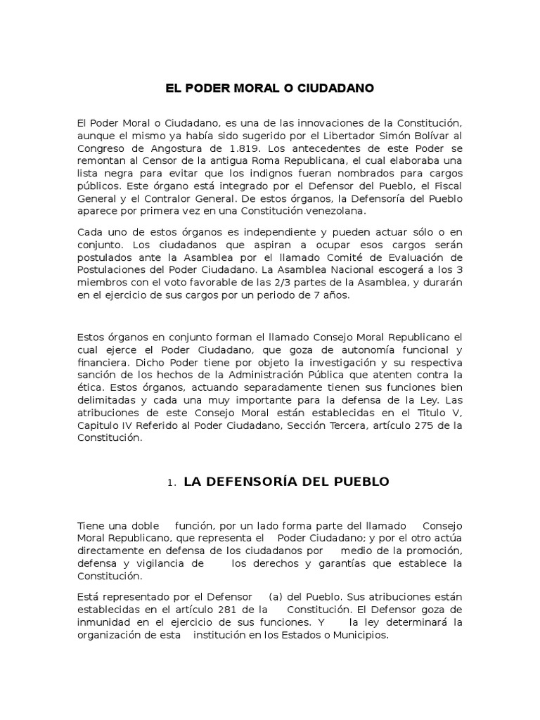 Poder Moral: Defensoría, Fiscalía y Contraloría | PDF | Constitución ...