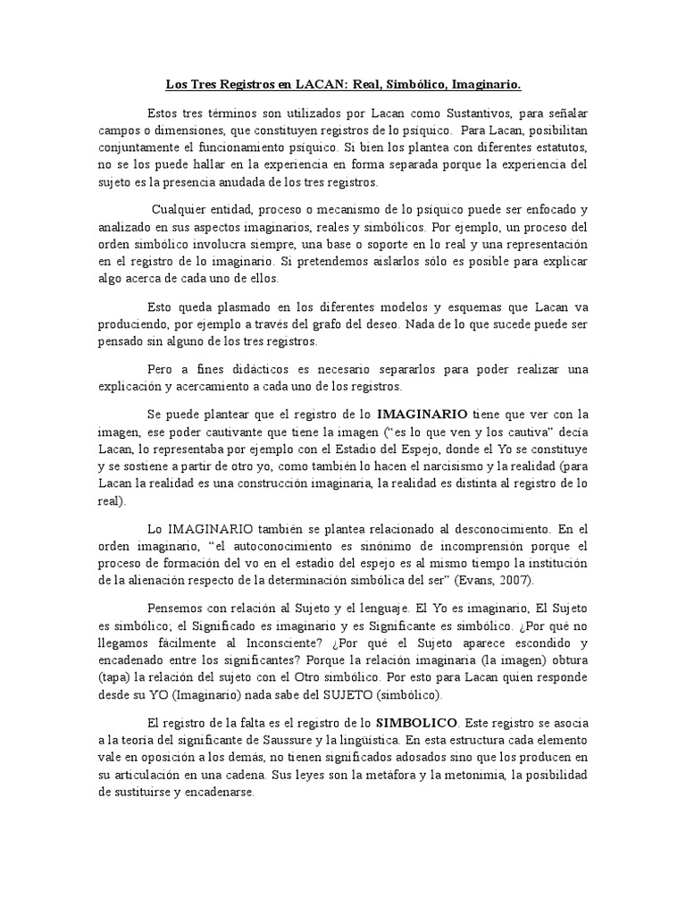 Tres Registros de Lacan: Real, Simbólico, Imaginario | PDF | Jacques ...