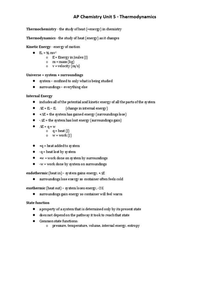 Ap Chemistry Unit 5 Notes - Thermodynamics | Download Free PDF | Heat ...