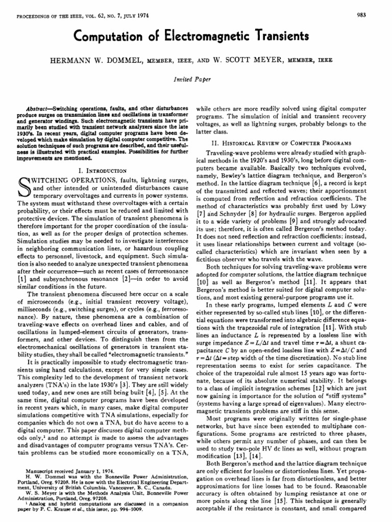 Computation of Electromagnetic Transients Dommel | PDF | Matrix (Mathematics) | Eigenvalues And ...