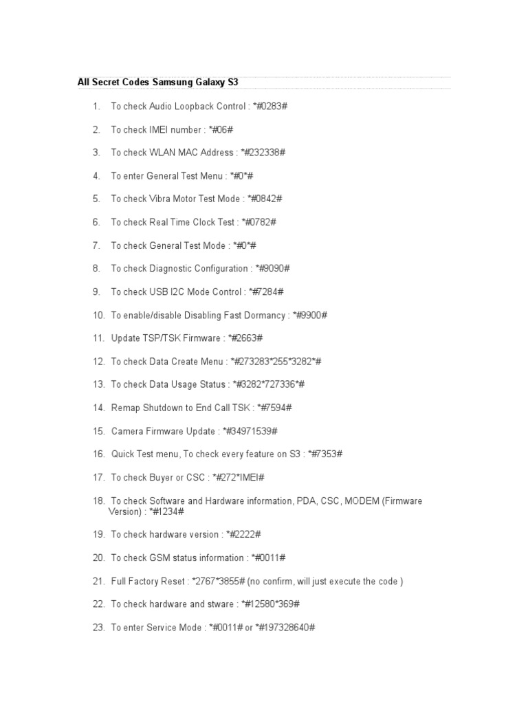 All Secret Codes Samsung Galaxy S3 | PDF | High Speed Packet Access ...