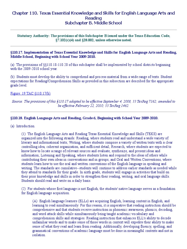 Texas Middle School ELA Standards | PDF | Reading Comprehension ...