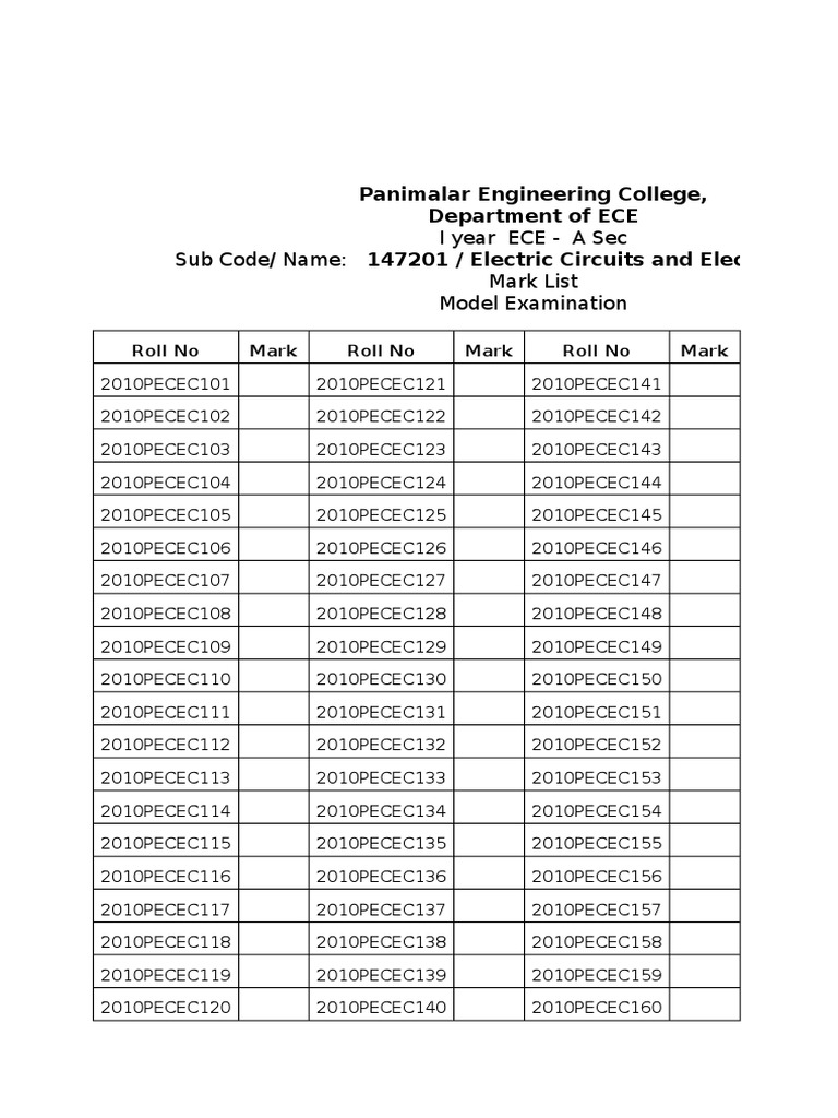Panimalar Engineering College ECE Dept I Year Mark List Electric ...
