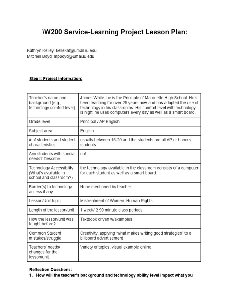 W200 Service-Learning Project Lesson Plan:: Step I: Project Information ...