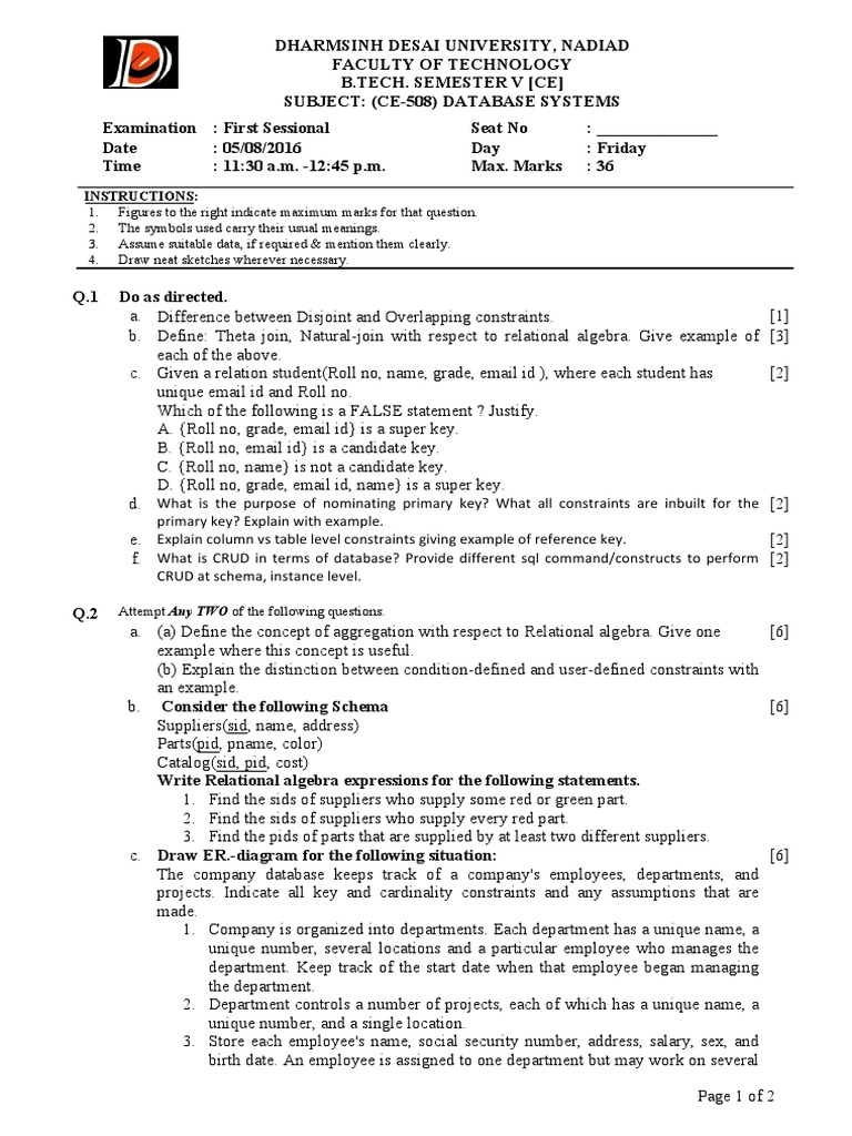 DBS Sessional 1 Paper DDU Nadiad | Download Free PDF | Scientific Modeling | Data Model