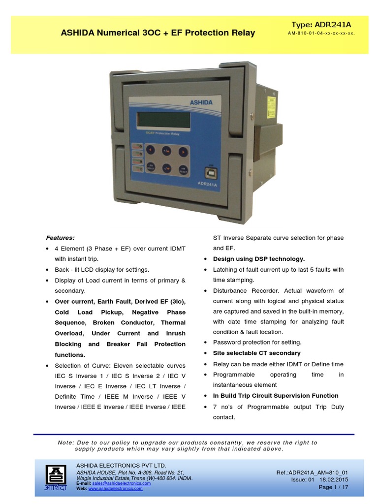 ASHIDA Numerical 3OC + EF Protection Relay Features 11 Protection ...
