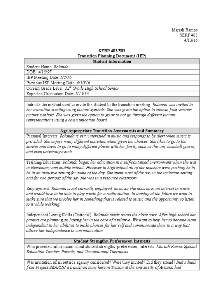 Transition Plan | PDF | Individualized Education Program | Secondary School