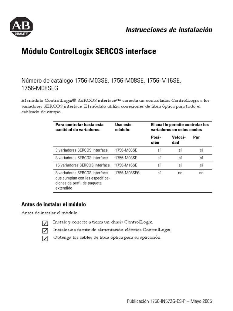 Módulo Controllogix Sercos Interface: Instrucciones de Instalación ...