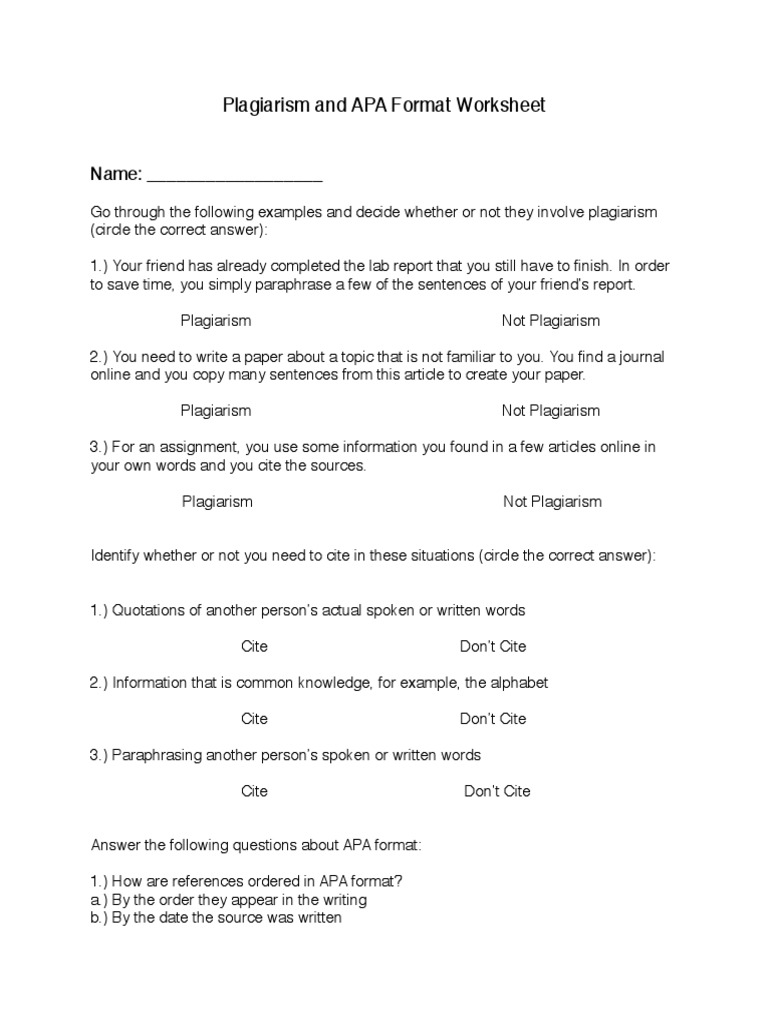 Plagiarism and APA Format Worksheet !: Name: - ! | PDF