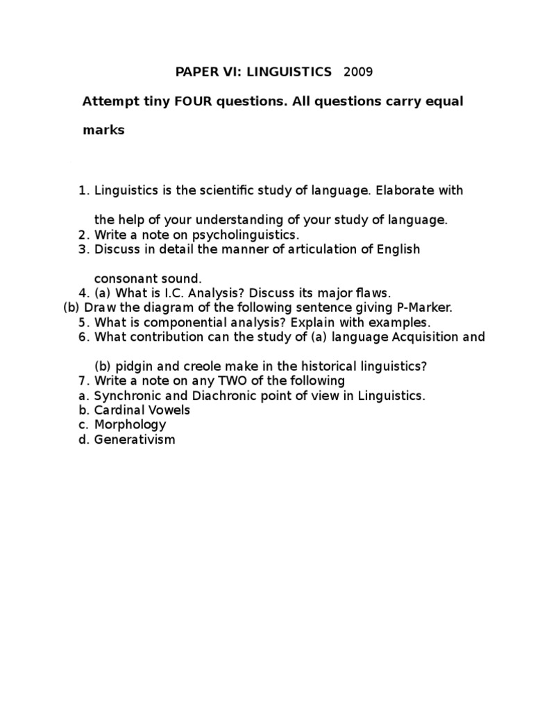 Paper Vi: Linguistics 2009 Attempt Tiny FOUR Questions. All Questions ...
