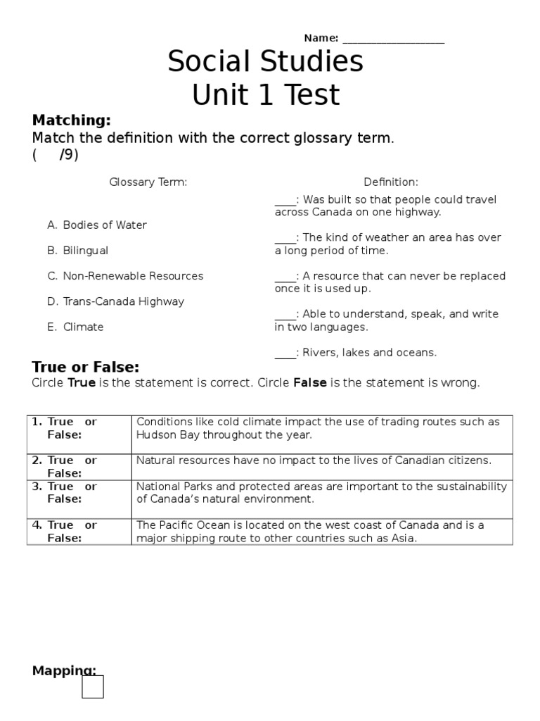 Social Studies Unit 1 Test: Matching | Download Free PDF | Canada ...