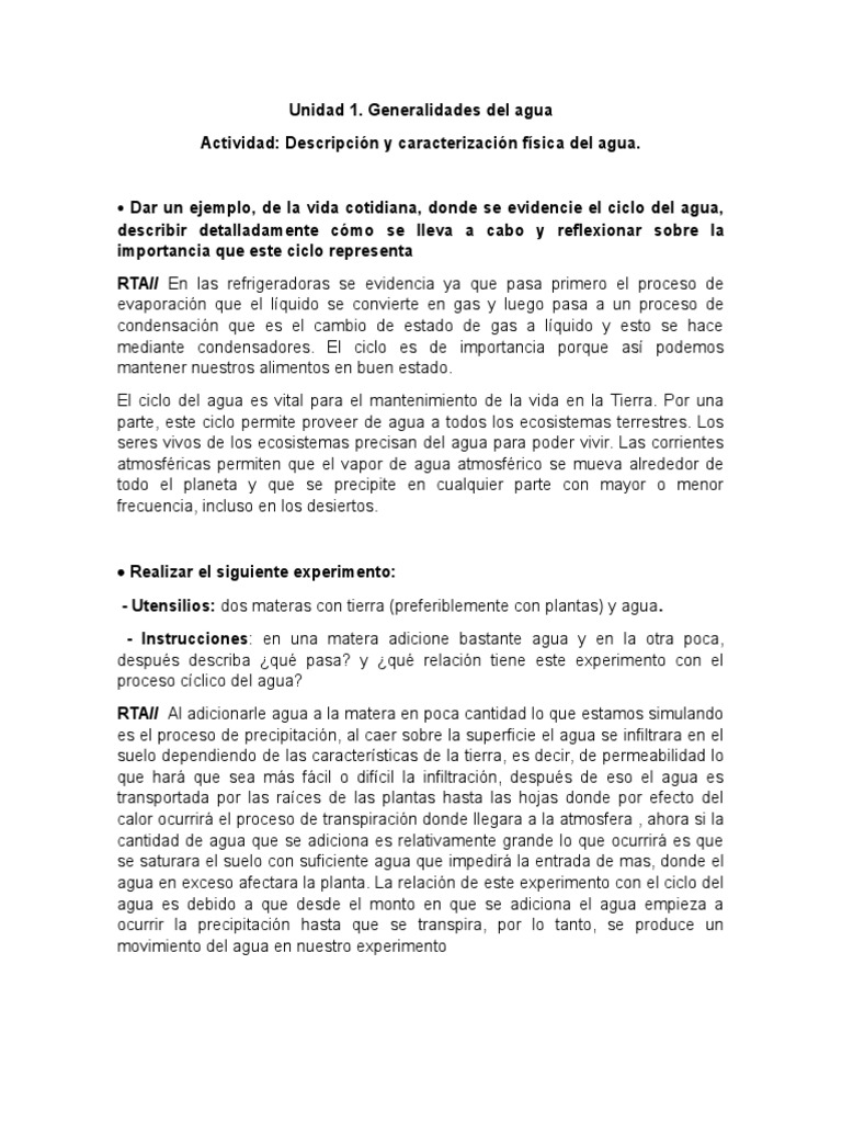 Actividad Unidad 1. Descripcion y Caracterizacion Fisica Del Agua | PDF | El ciclo del agua | Tierra