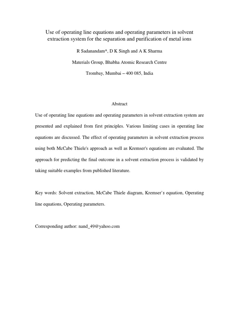 Use of Operating Line Equations and Operating Parameters in Solvent | PDF