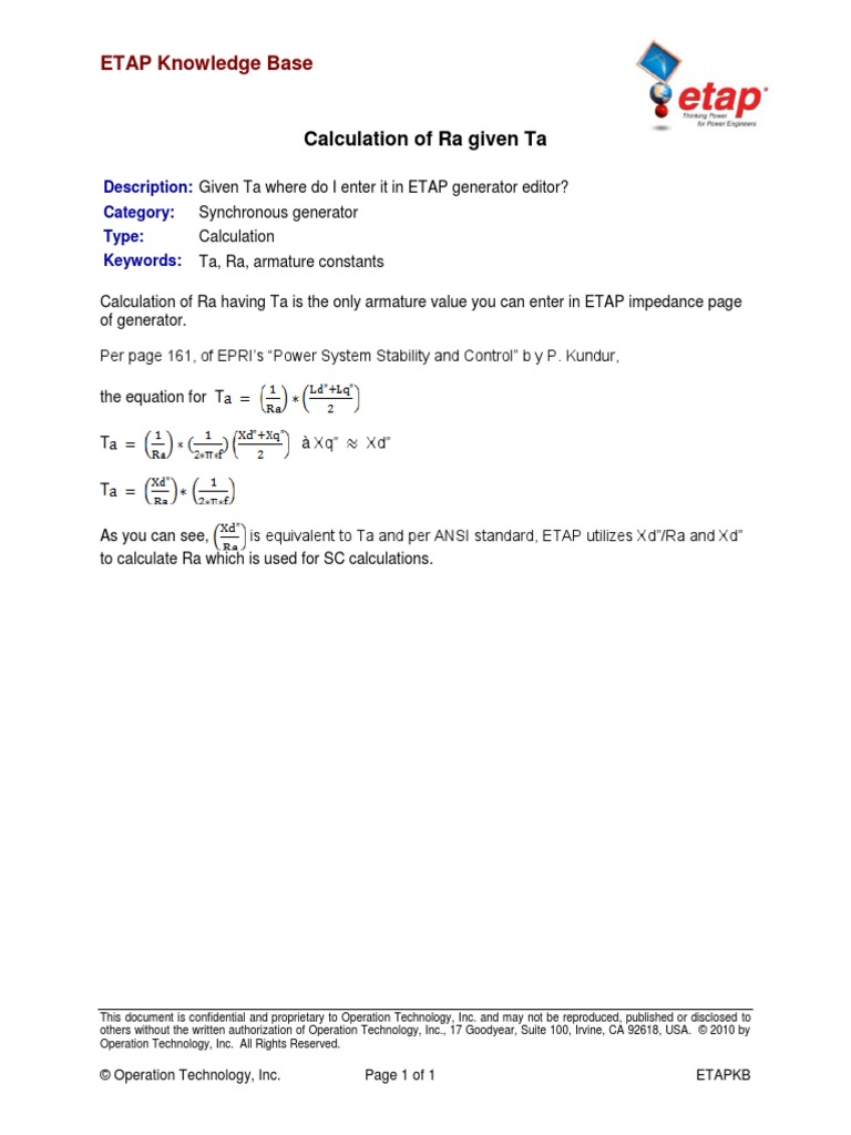 ETAP Knowledge Base: Calculation of Ra Given Ta | PDF | Science & Mathematics | Computers