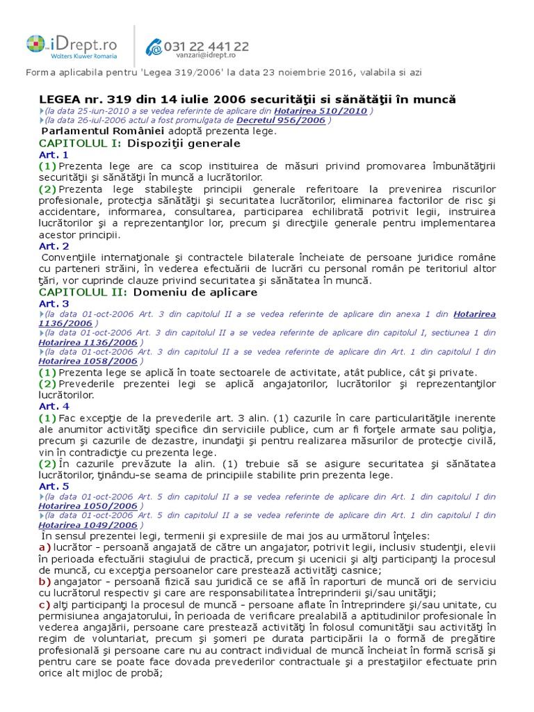 Legea 319 - 2006 Cu HG 1425 - 2006 Actualizata Noiembrie 2016 | PDF