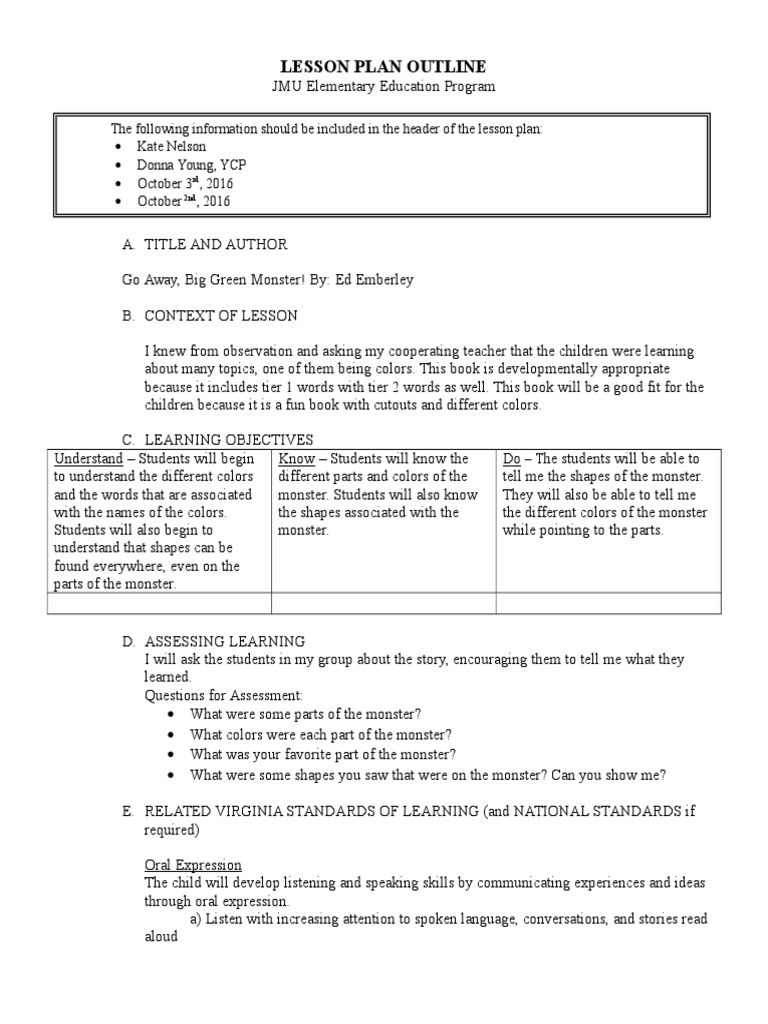 Lesson Plan Outline | PDF | Lesson Plan | Vocabulary