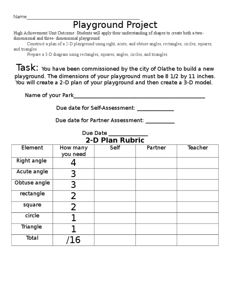 Playground Project: 2-D Plan Rubric | PDF