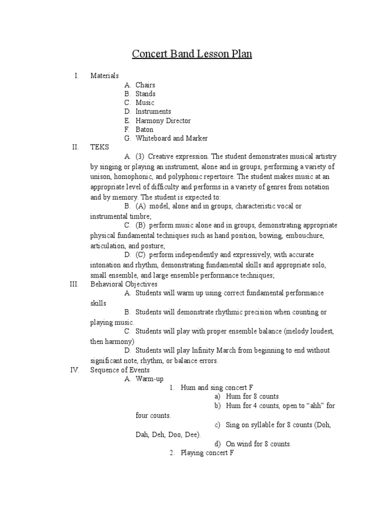 Concert Band Lesson Plan - Warmup and Infinity March | PDF | Saxophone ...
