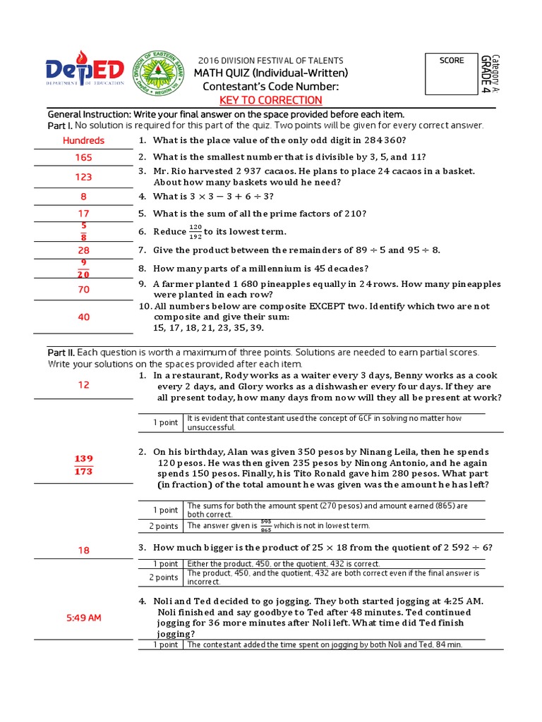 Key To Correction g4 | PDF | Fraction (Mathematics) | Numbers
