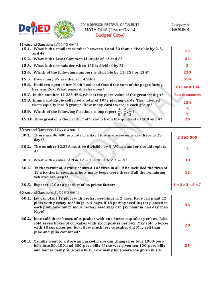 Math Quiz To g4 | PDF | Fraction (Mathematics) | Mathematical Notation