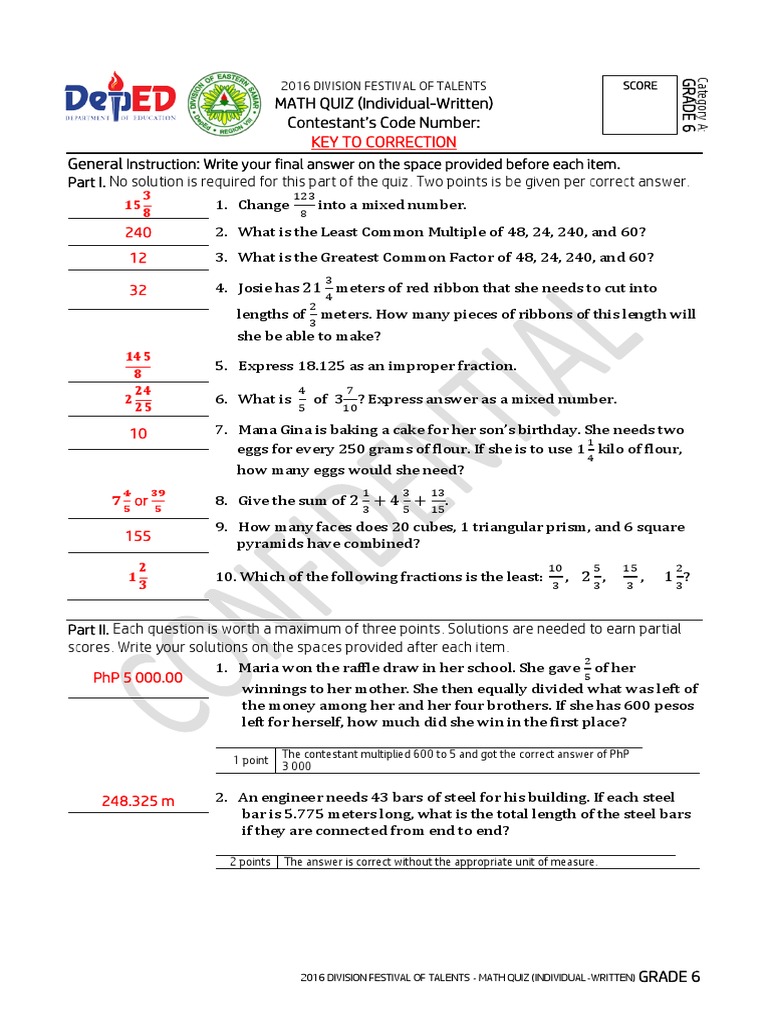 Key To Correction g6 | PDF | Fraction (Mathematics) | Volume