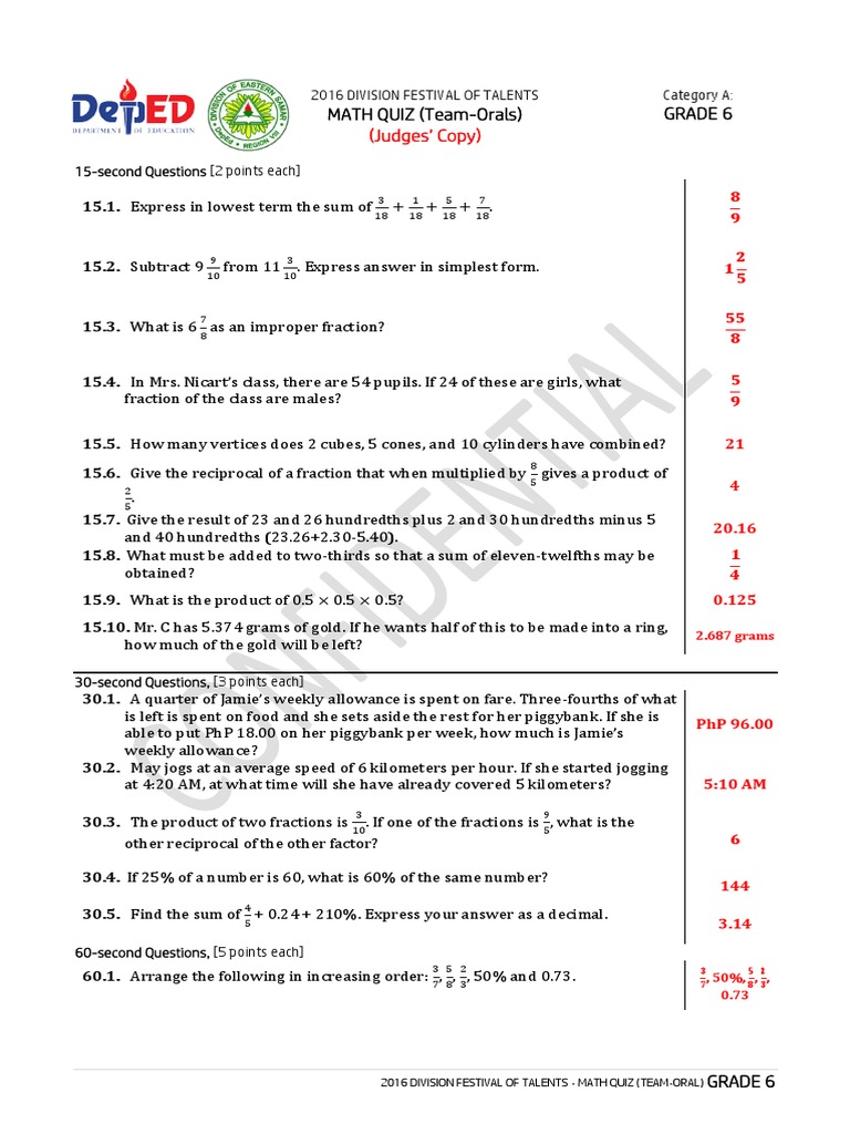 Math Quiz To g6 | Download Free PDF | Fraction (Mathematics) | Polytopes